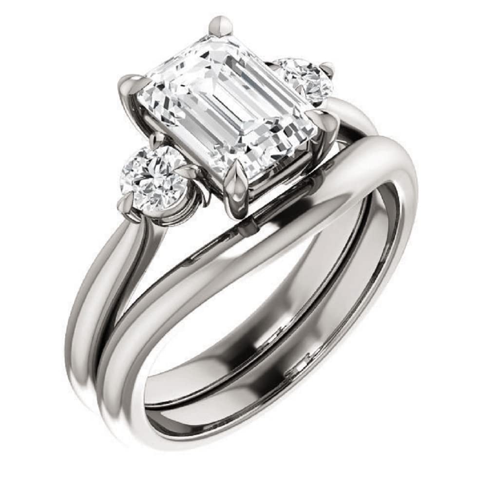 2 Ct Emerald Cut Colorless Moissanite Engagement Ring Set Wedding Bridal Ring Set Solitaire 10K 14K 18K White Gold Sterling Silver Vintage Ring Promise Anniversary Antique Gift