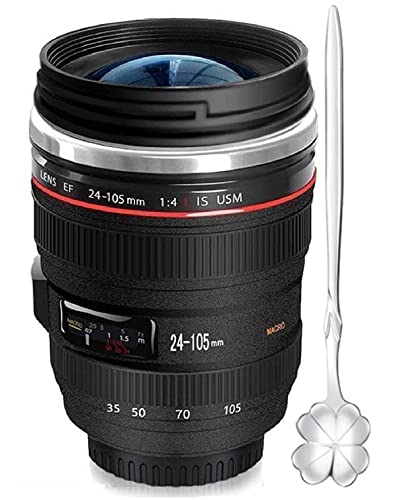 DEEXITO Camera Lens Coffee Mugs,Stainless Steel Lens Cups with Four-leaf Clover Spoon,Ideal Gifts for Photographers Sweeties Men Women Birthday Xmas