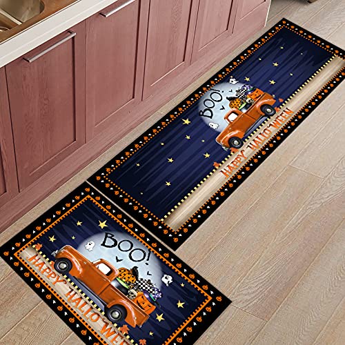 2 Piece Halloween Boo Kitchen Rug SetScary Night Orange Truck Pull Pumpkin Crow Comfort Doormat Absorbent Bathroom Carpet Non Slip Area Rug Pad Home Decor Mat (15.7" x 23.6"+15.7" x 47.2")