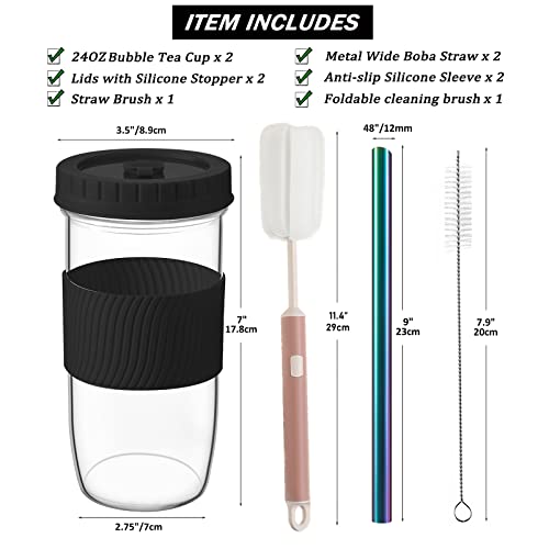 Amyoole 2 Pack Reusable Boba Cup,24Oz Wide Mouth Smoothie Cup,mason Jar Glass Cups with Lids and Straws,Bubble/Boba Tea Cups,Ice Coffee Tumbler 2 colored straws 1 sponge brush(Black)