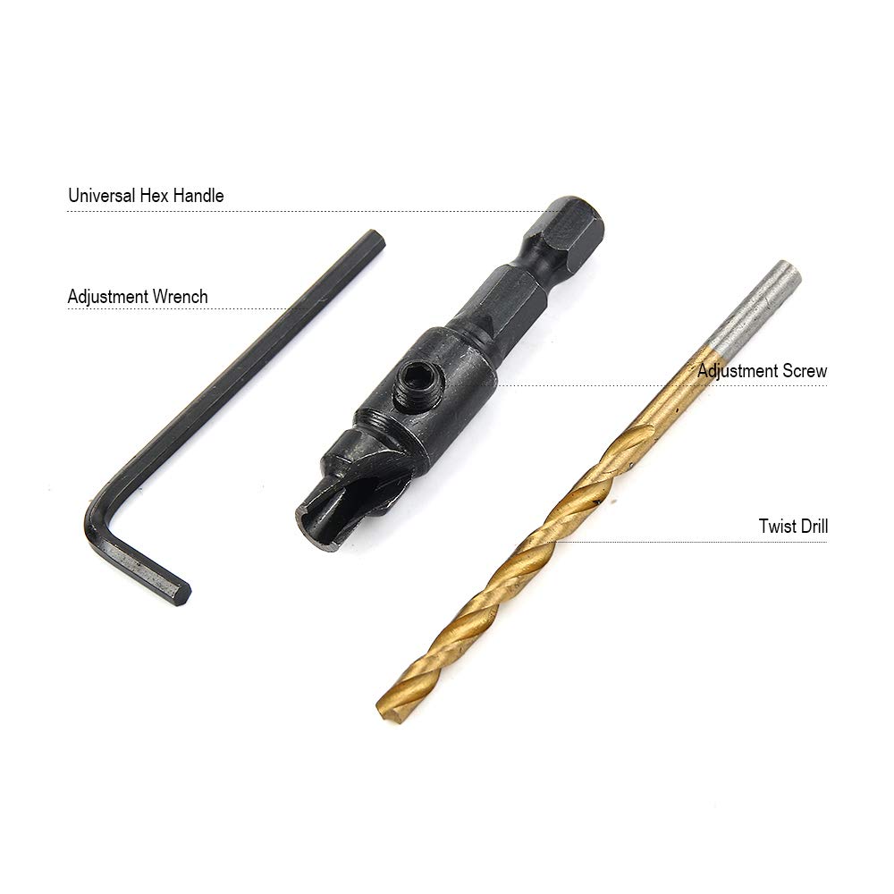 Countersink Drill Bit Set, 1/4 inch Hex Shank Countersink Drill Bit, Power Tools Accessories for Plastic, Metal, Woodworking Tool by Power Drill 5Pcs/Set #5, 6, 8, 10, and #13 (Gold)