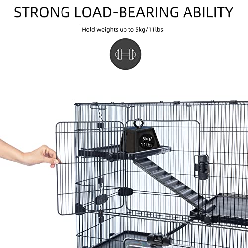 4-Tier 32" Small Animal Metal Cage Height Adjustable with Lockable Casters Grilles Pull-Out Tray for Rabbit Chinchilla Ferret Bunny Guinea Pig Squirrel Hedgehog,Black