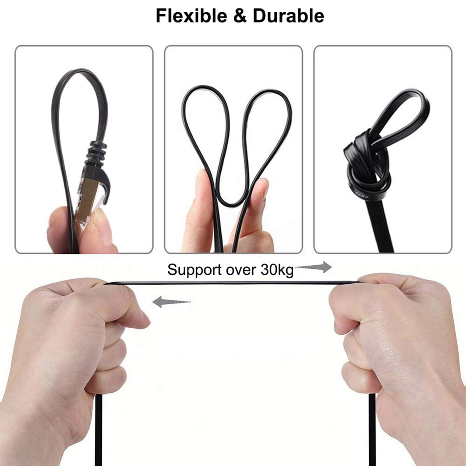 BUSOHE Cat 8 Ethernet Cable 30 FT, 40Gbps 2000MHz Cat8 High Speed Flat Internet Network Patch Cord, SFTP Shielded LAN Wire with Gold Plated RJ45 Connector, with Clips, Outdoor Indoor- 30FT Black