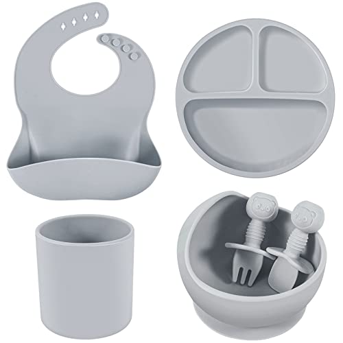 6 Pack Silicone Baby Feeding Set Baby Led Weaning Supplies with Suction Bowl Divided Plates Bib Tiny Cup Baby Dishes with Spoon Fork, Toddler Infant Self Feeding Eating Utensils Set(Gray)
