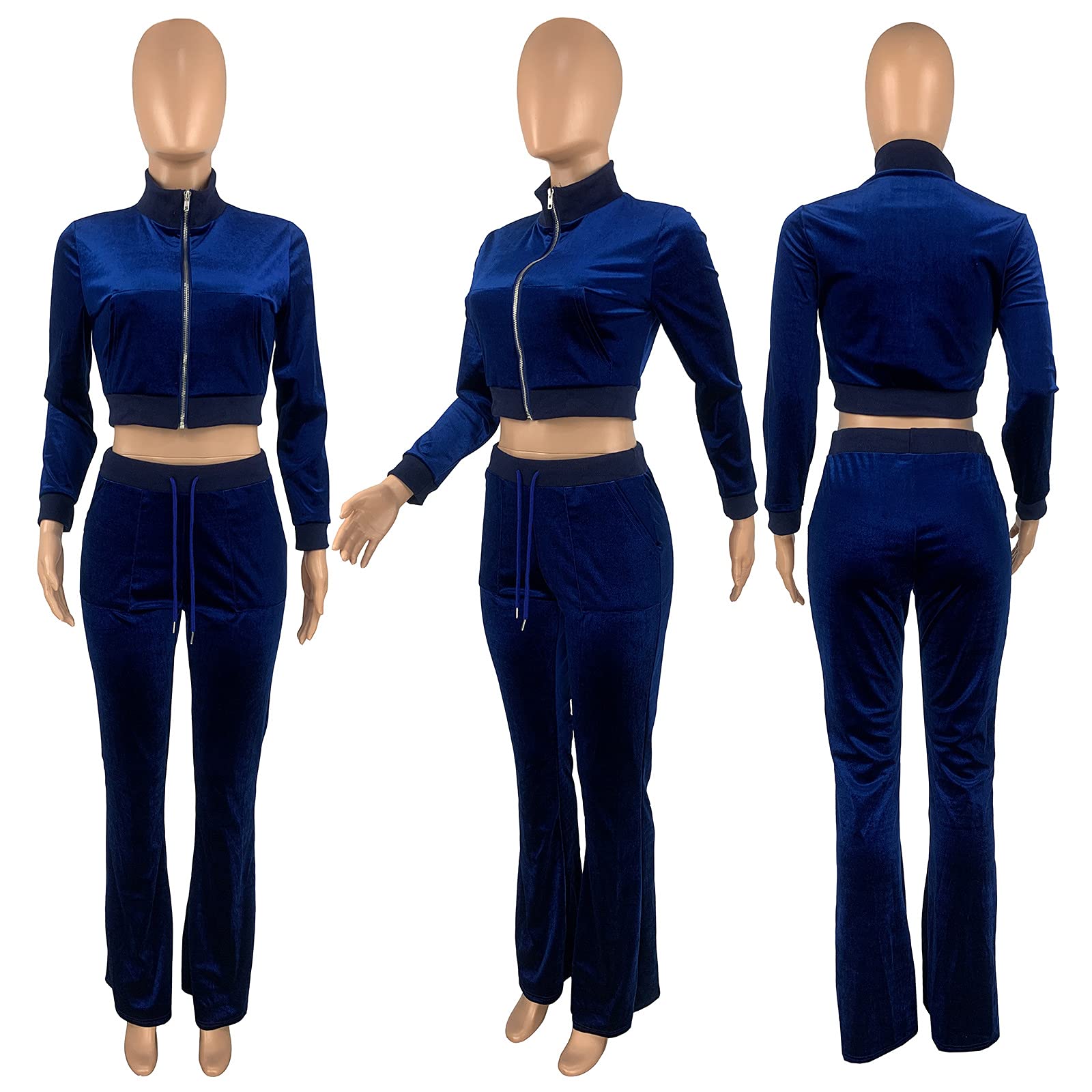 2 Piece Outfits Velour Tracksuit for Women Zip Up Hoodie Velvet Jogging Sweatsuit Workout Sets Blue S