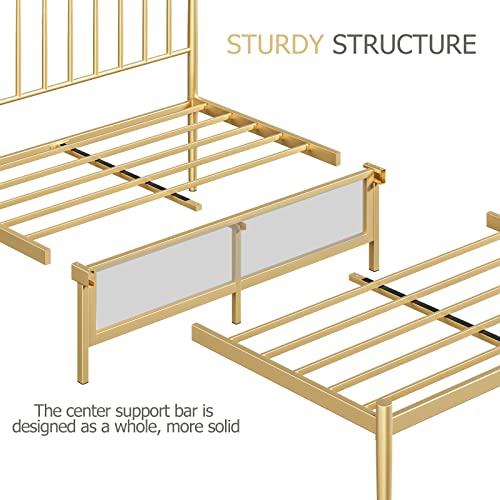 Amyove Gold Bed Frame Full Size Bed Frame with Modern Headboard, Platform Bed 14 Inches Metal Mattress Foundation for Storage, No Box Spring Needed, Easy Assembly, Gold