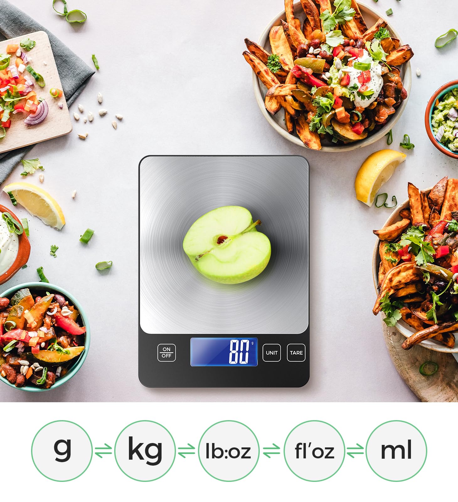 2 in 1 Digital Kitchen Scale for Meal Prep【Dual Power Mode, 33lb Load-Bearing】, Scale for Food Ounces and Grams, CD-Grain Design, Stainless Steel, Easy to Clean-BOSINTY