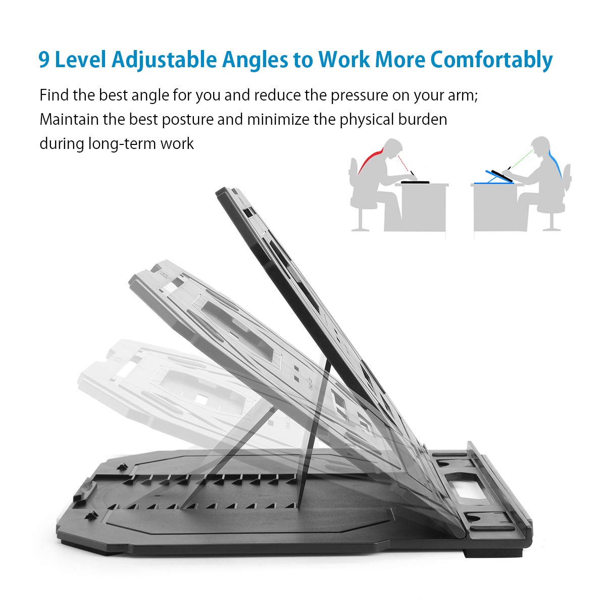 Frunsi Drawing Tablet Stand, Laptop Stand, Foldable Stand for Tablet Display, 9 Levels Adjustable Angles with a Built-in Phone Holder, for 12-17 inch Drawing Tablet, Smartphones