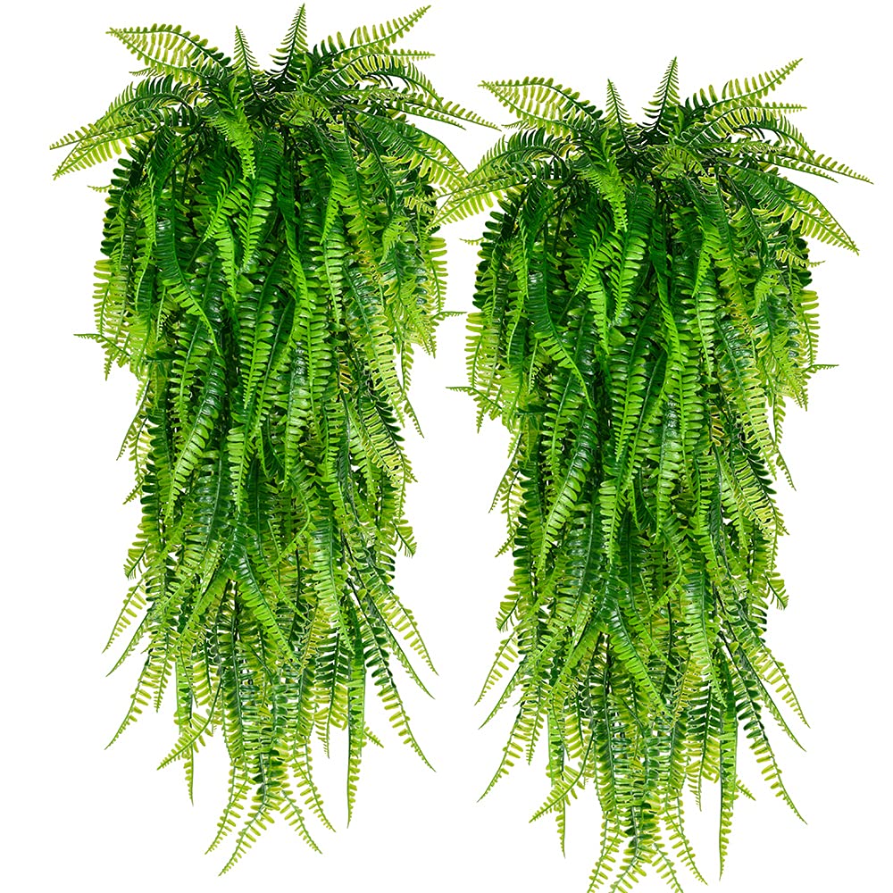 AA BADBABY 2pcs Artificial Hanging Vine Ferns Plants Fake Boston Fern Ivy Leaves Garland Greeny Chain Wall Home Room Garden Wedding Garland Outside Decoration (Fern)