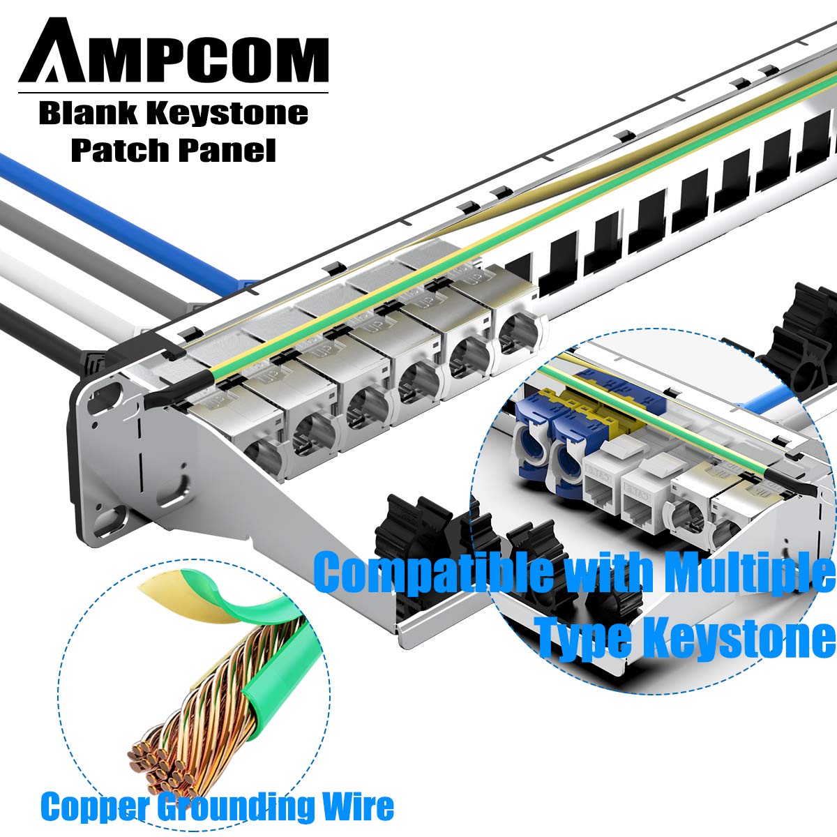 AMPCOM 24 Ports 1U Blank Keystone Patch Panel, 19 inch Rack or Wall Mount with Rear Cable Management Panel for Ethernet CAT5e/CAT6/CAT7, USB, HDMI