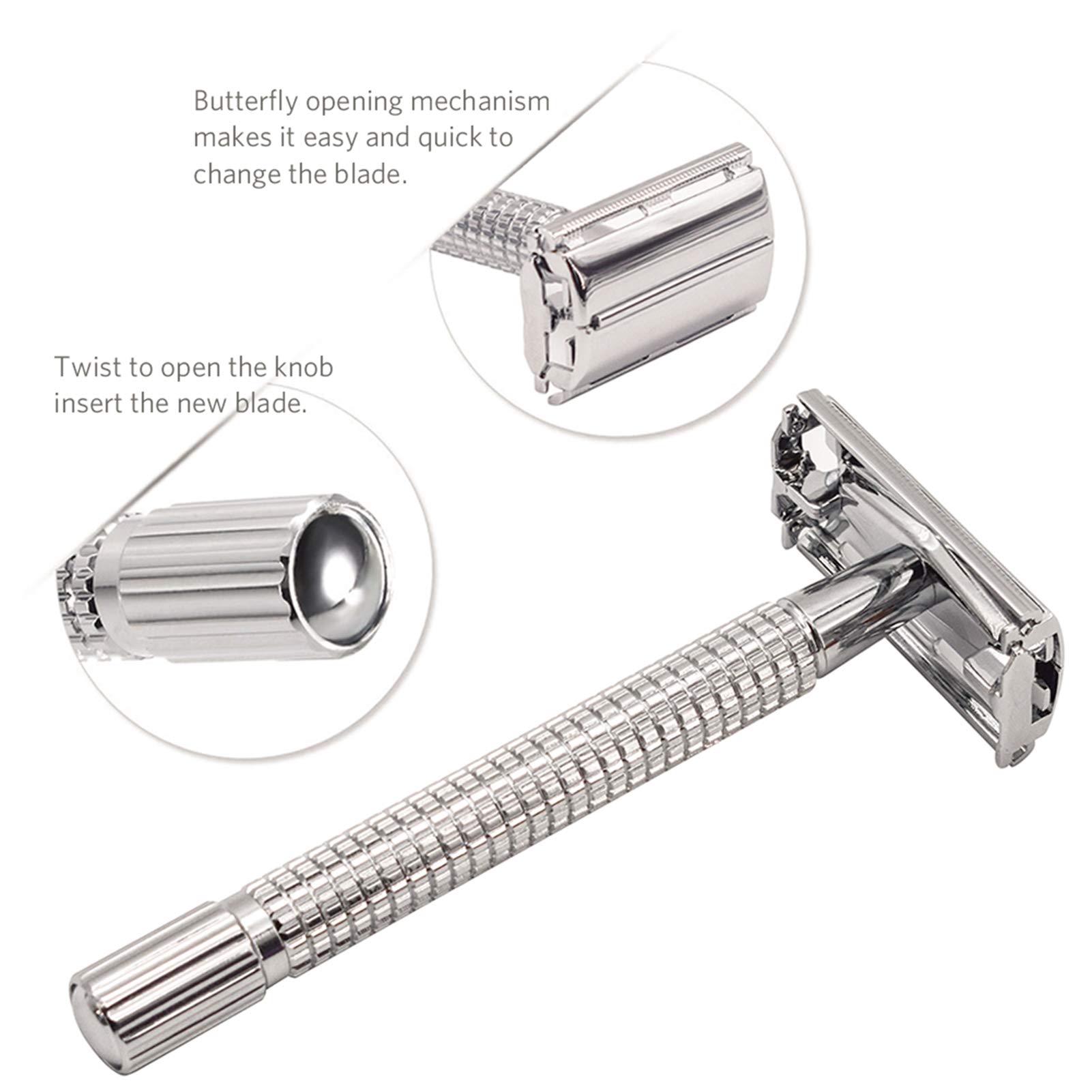 Butterfly Safety Razor Kit, WEISHI Chrome Long Handle Butterfly Open Double Edge Safety Razor With RIVERLAKE H3 Razor Holder Set (1 Razor, 1 Stand & 10pcs blades)