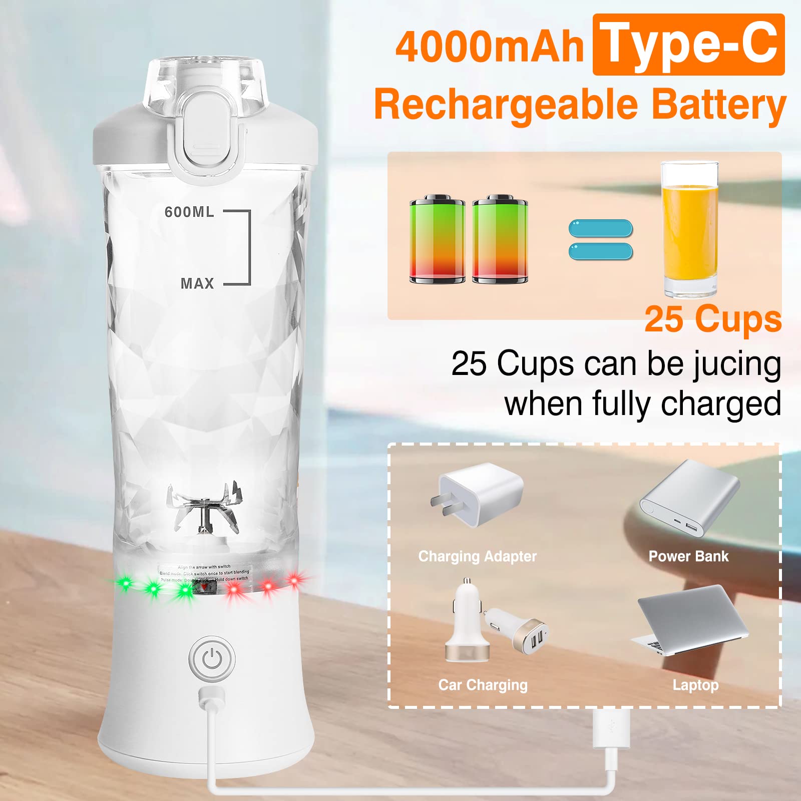 20oz Portable Blender, Personal Size Blender Smoothies and Shakes With 6 Blades, USB Rechargeable Blender Fruit Juicer with 2 Mixing Modes & LED Light, With for Kitchen Outdoor Gym Office (White)