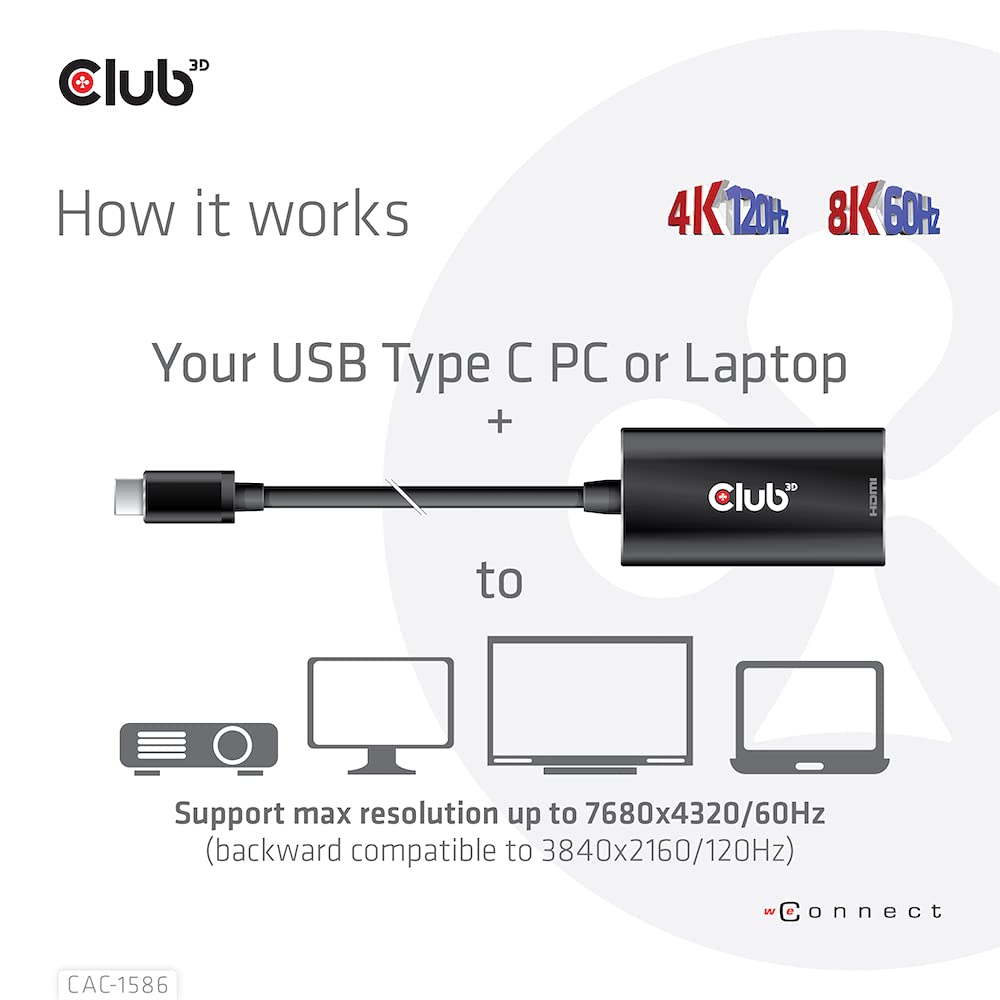 Club 3D USB Type-C to HDMI 4K 120Hz HDR10 with DSC 1.2 Active Adapter M/F CAC-1586