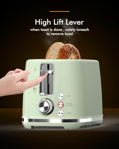 2 Slice Toaster with Extra Wide Slots & Removable Crumb Tray - 6 Browning Options, Auto Shut Off & Frozen Function, Toast Fruit Bread, Bagel & Waffle, Pastel Green