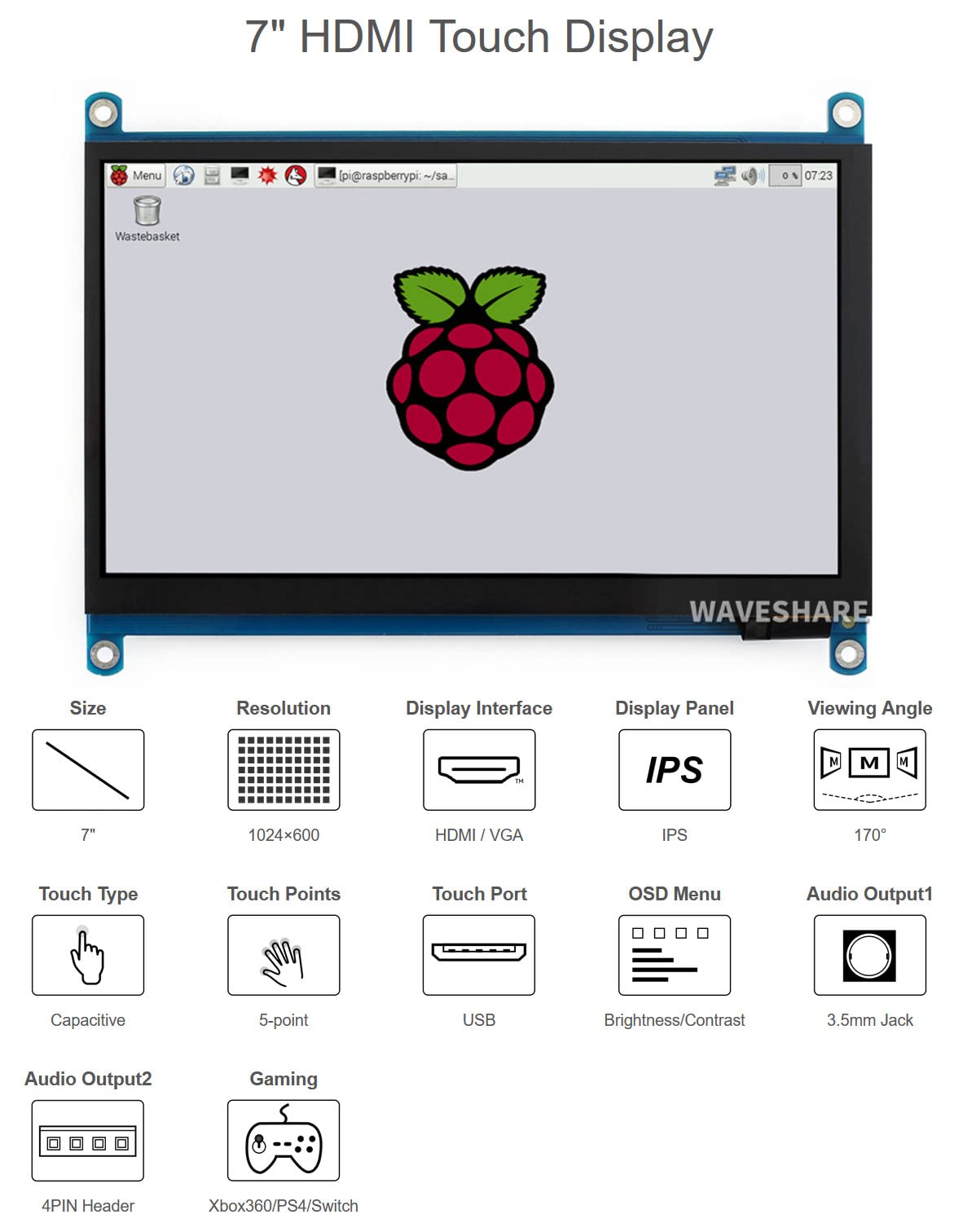 7inch HDMI LCD (H) 1024x600 IPS Capacitive Touch Screen LCD Display Monitor Mini PC for Raspberry Pi 5 4 3 Model B B+ BB Black Banana Pi Game Console Support Xbox360/PS4/Switch @XYGStudy