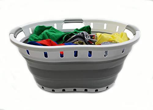 SAMMART 36L (9.5 Gallon) Collapsible 3 Handled Plastic Laundry Basket - Oval Basket - Foldable Storage Container/Organizer - Space Saving Laundry Hamper (White/Grey)