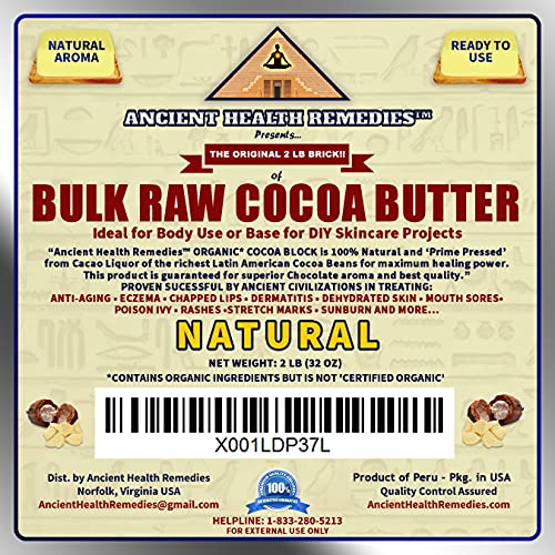 ANCIENT HEALTH REMEDIES Organic Unrefined Raw NATURAL COCOA (CACAO) BUTTER BLOCKS Bulk Size Rich Chocolate Aroma For Lip Balms Stretch Marks DIY Base for Body Butter (2Lb)