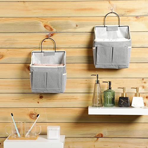 6 Pack Wall Hanging Storage Bag Bulk, Wall Hanging Organizer with Pockets, Linen Cotton Wall Pouch Basket with Sticky Hooks for Over The Door Closet Bathroom Bedroom Kitchen Dorm Room (Gray)