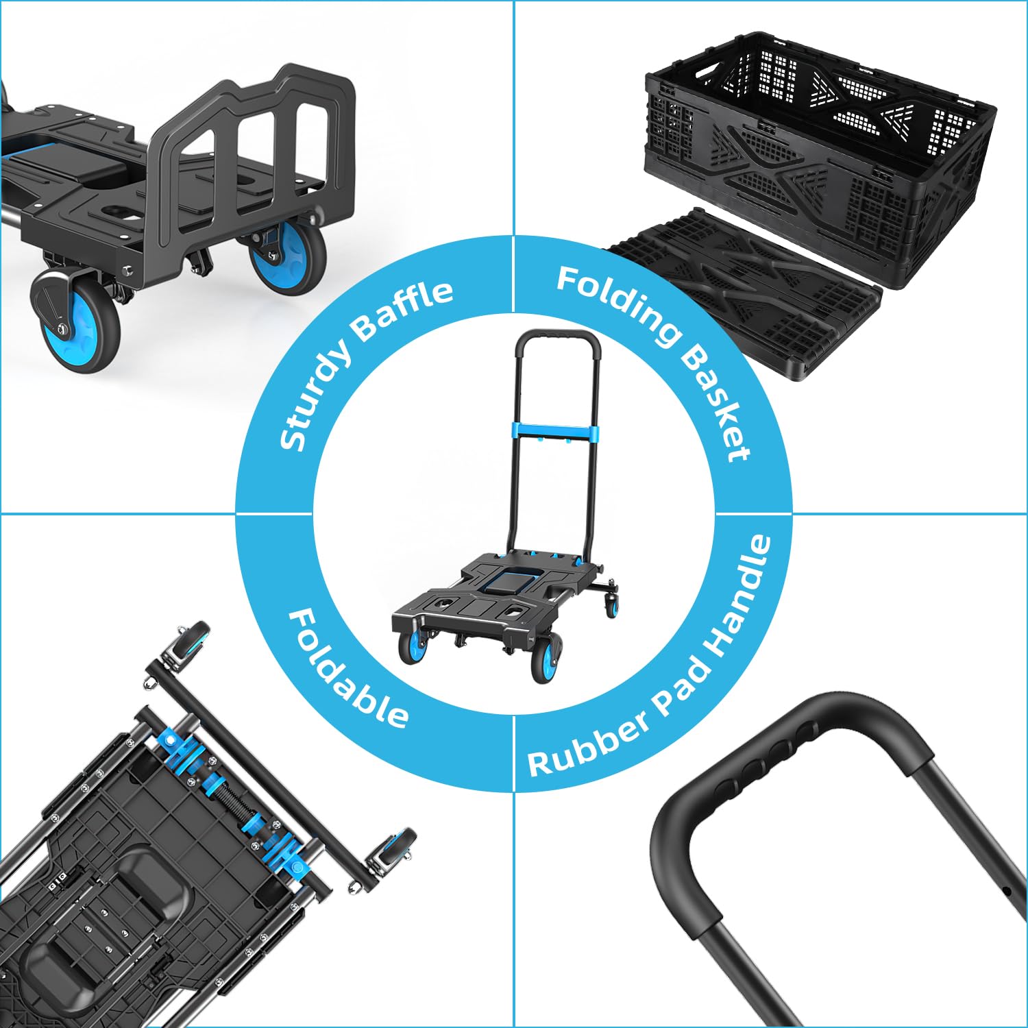 2 in 1 Folding Hand Truck Dolly with Folding Basket, 330LBS Capacity Foldable Dolly with 4 Wheels, Dolly Cart with 3-Gear Retractable Handle, Collapsible Rolling Carts for Moving