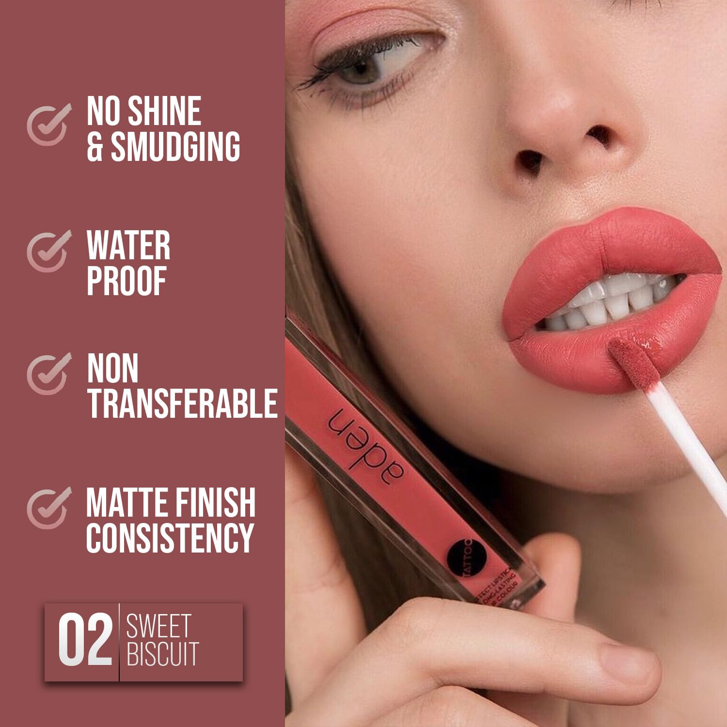 aden Tattoo Matte Lipstick - 7ML - Highly Pigmented - Provides Non-Shinny, Non Smudging and Velvety Finish β Water Proof Made in Italy (02 Sweet Biscuit)