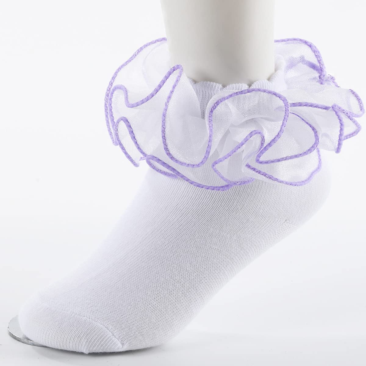 Yepami Big Girls Lace Socks Shimmering Cute Ruffle Comfortable Frilly Dress Ankle Socks 3 Pairs (Purple, Medium, 5_years)