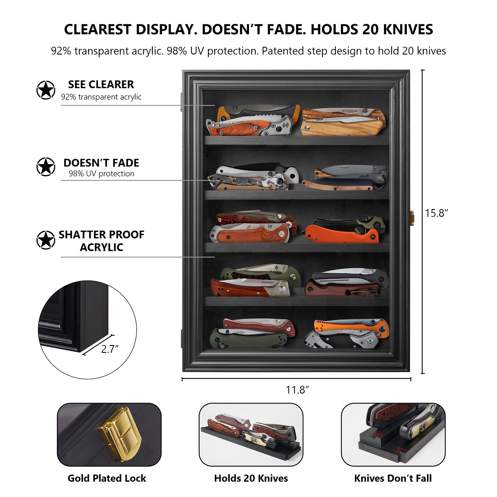 ZAYALI Pocket Knife Display Case for Wall, Pocket Knife Stand for Collections with Uv Protection Acrylic Lockable, 5 Rows Military Folding Knife Stand with Removable 2 Grooves Shelves Black