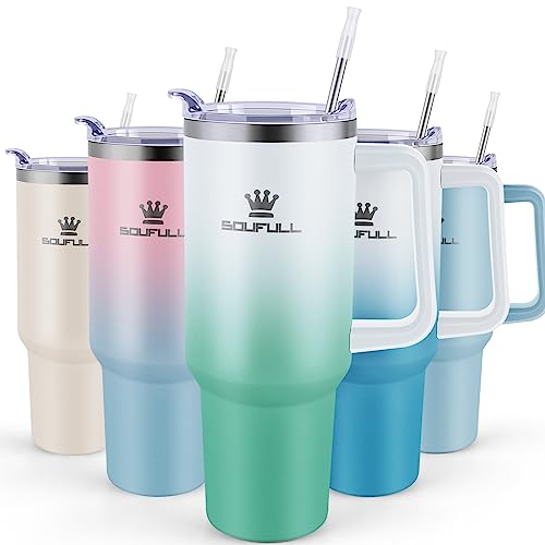 40 oz Tumbler with Handle and Straw Lid, 100% Leak-proof Travel Coffee Mug, Stainless Steel Insulated Cup for Hot Cold Beverages, Keeps Cold for 34Hrs or Hot for 10Hrs, Dishwasher Safe (WhiteGreen)