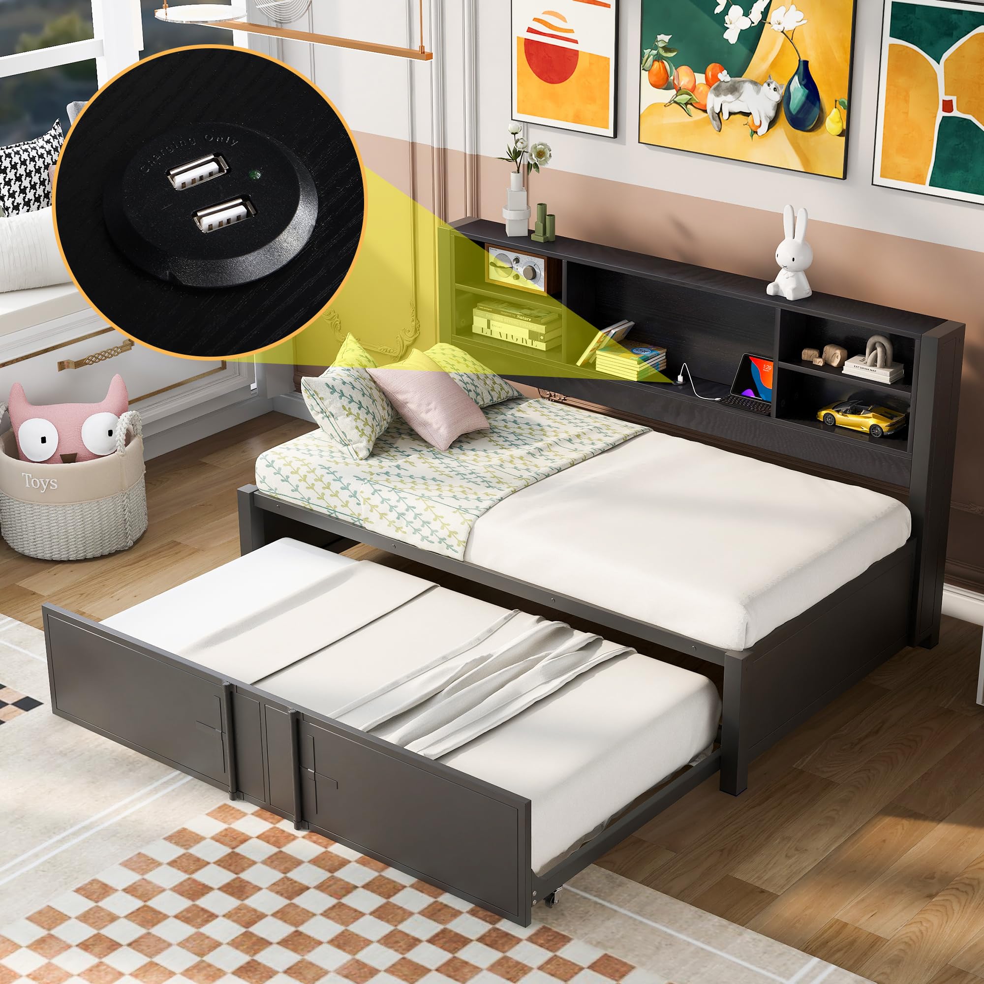 LostCat Full Size Daybed with Storage Bookcases, Wood Day Bed with Sideboard Shelf, Wood Slat Support, Easy Assembly, White Oak