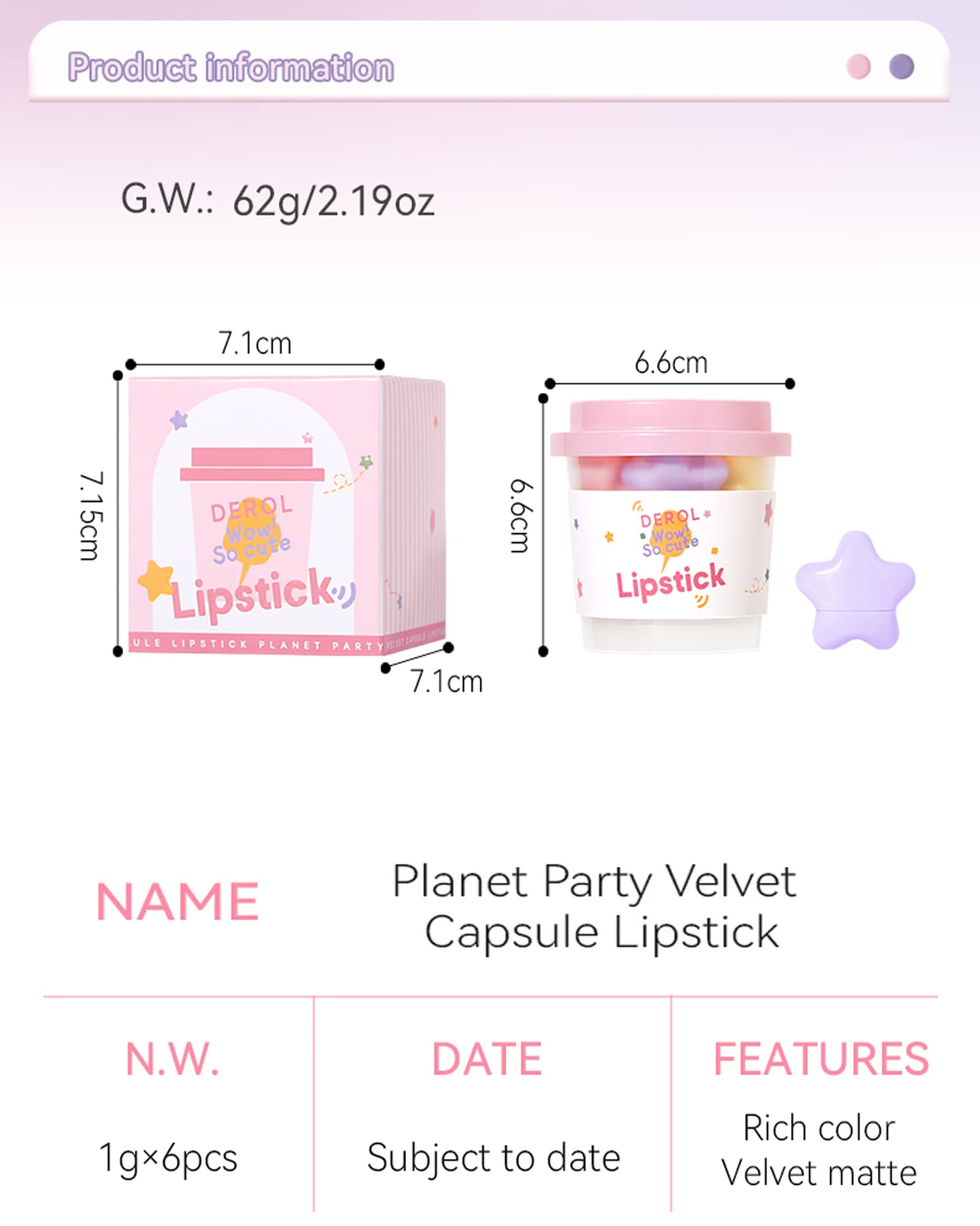 AKARY 6 Colors Mini Lipstick Set, High Pigment Stars Candy Matte Multicolor Red Lips Velvety Soft Lip Stick Waterproof Long Lasting Cute Capsule Lip Gloss, Non-Stick Cup Lip Makeup Gift Set for Women Girls