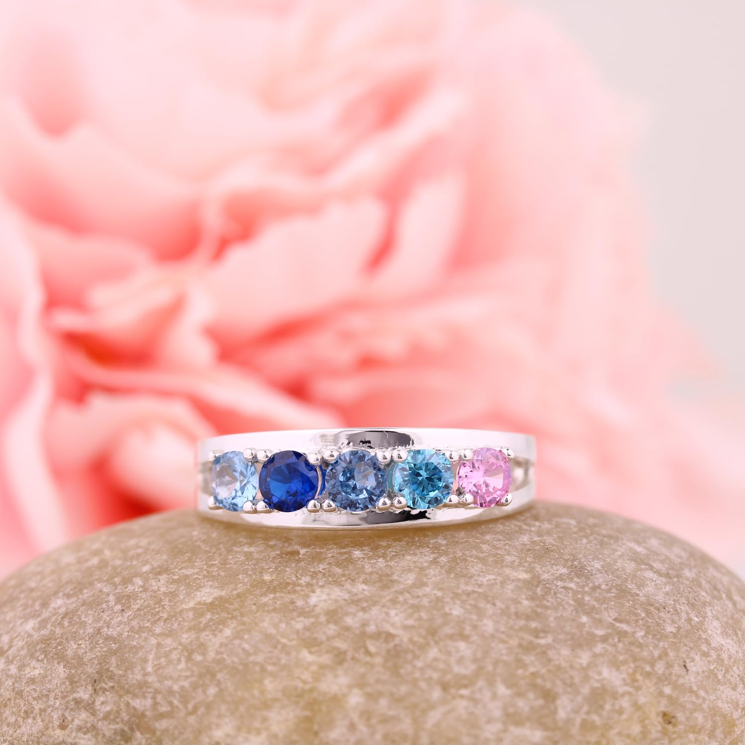 2 to 7 Birthstones Family Mother's Ring in Solid 10K Yellow Gold or Sterling Silver