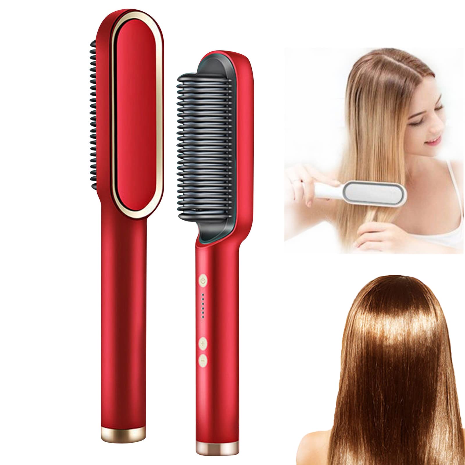 2 in 1 Hair Straightener Brush and Curler for Women and Men - Negative Ion Styling Comb with 5 Temperature Settings, 30s Fast Heating, and Beard Straightening Function