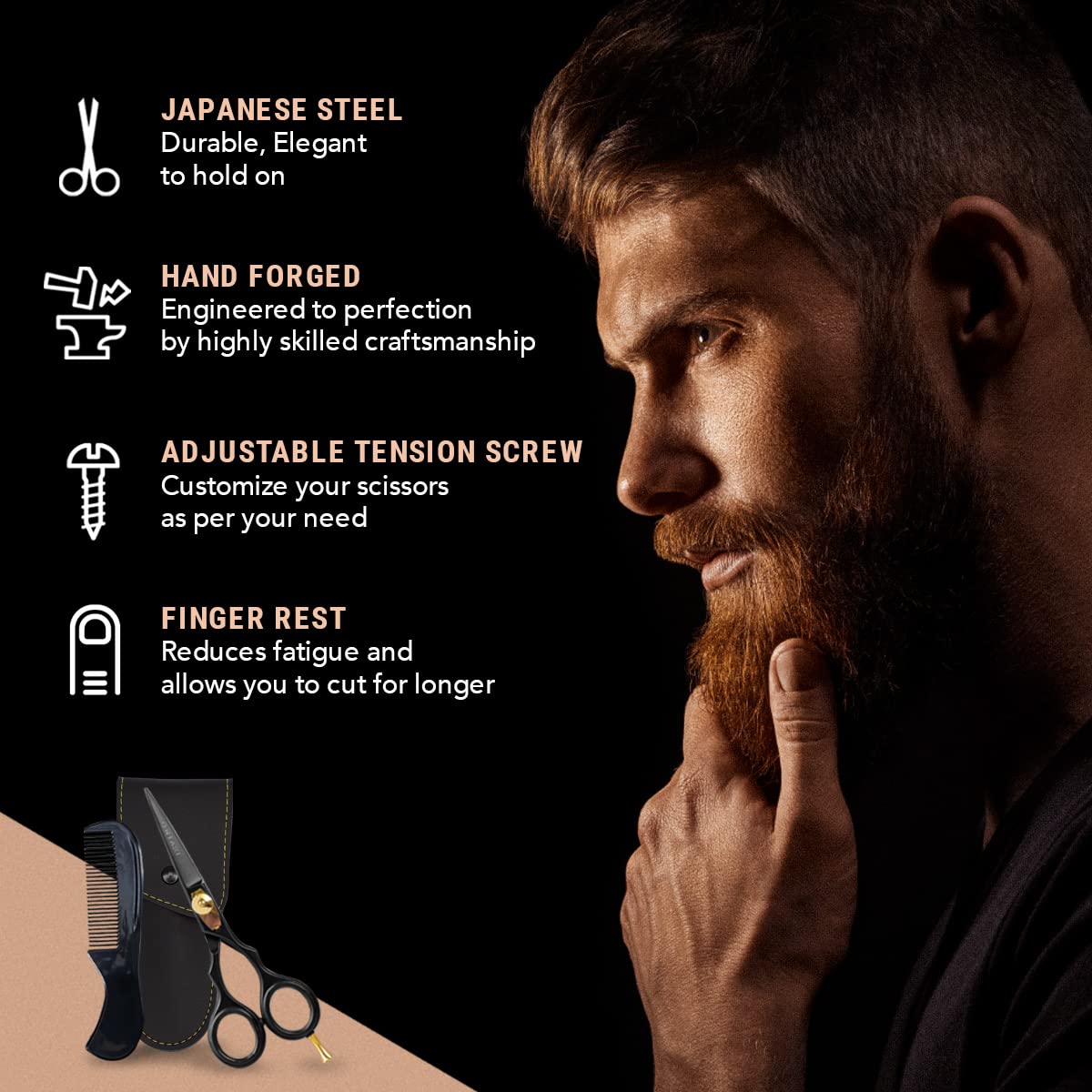 Ontaki 5.5" Beard & Hair Trimming Scissors - Professional Japanese Steel Hand-Forged Barber Shears for Mustache, Bangs, Men, Pets (Gold & Black) - Hair Scissors