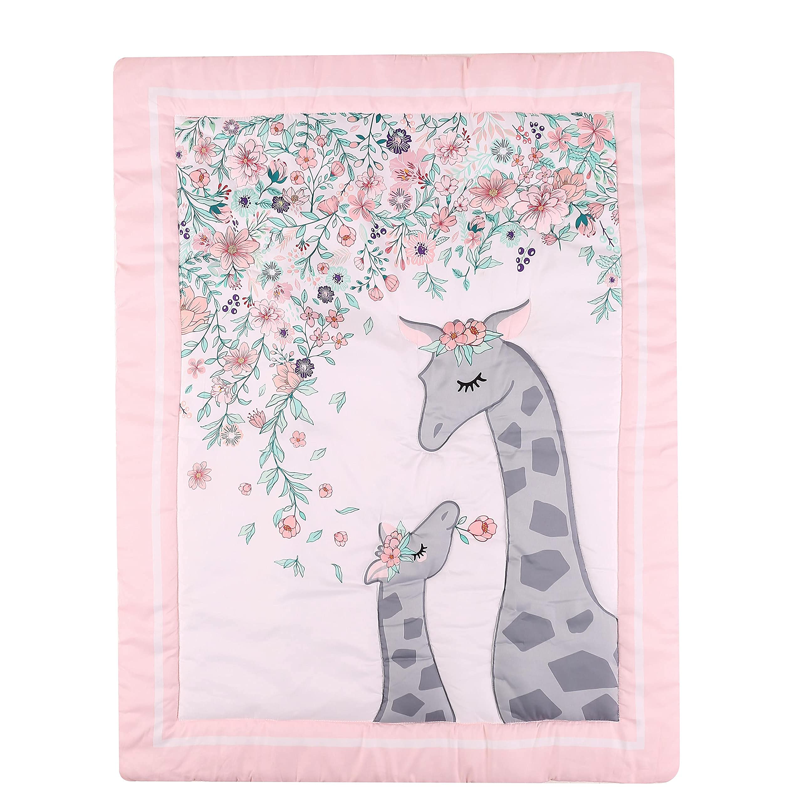 HUPO 4 PC Crib Bedding Set for Girls, Pink Nursery Crib Bedding Set GiraffeBlush Pink Flower, Crib Sets Including Crib Skirt, Crib Quilt, Crib Sheet and Diaper Stacker, Deer-pink