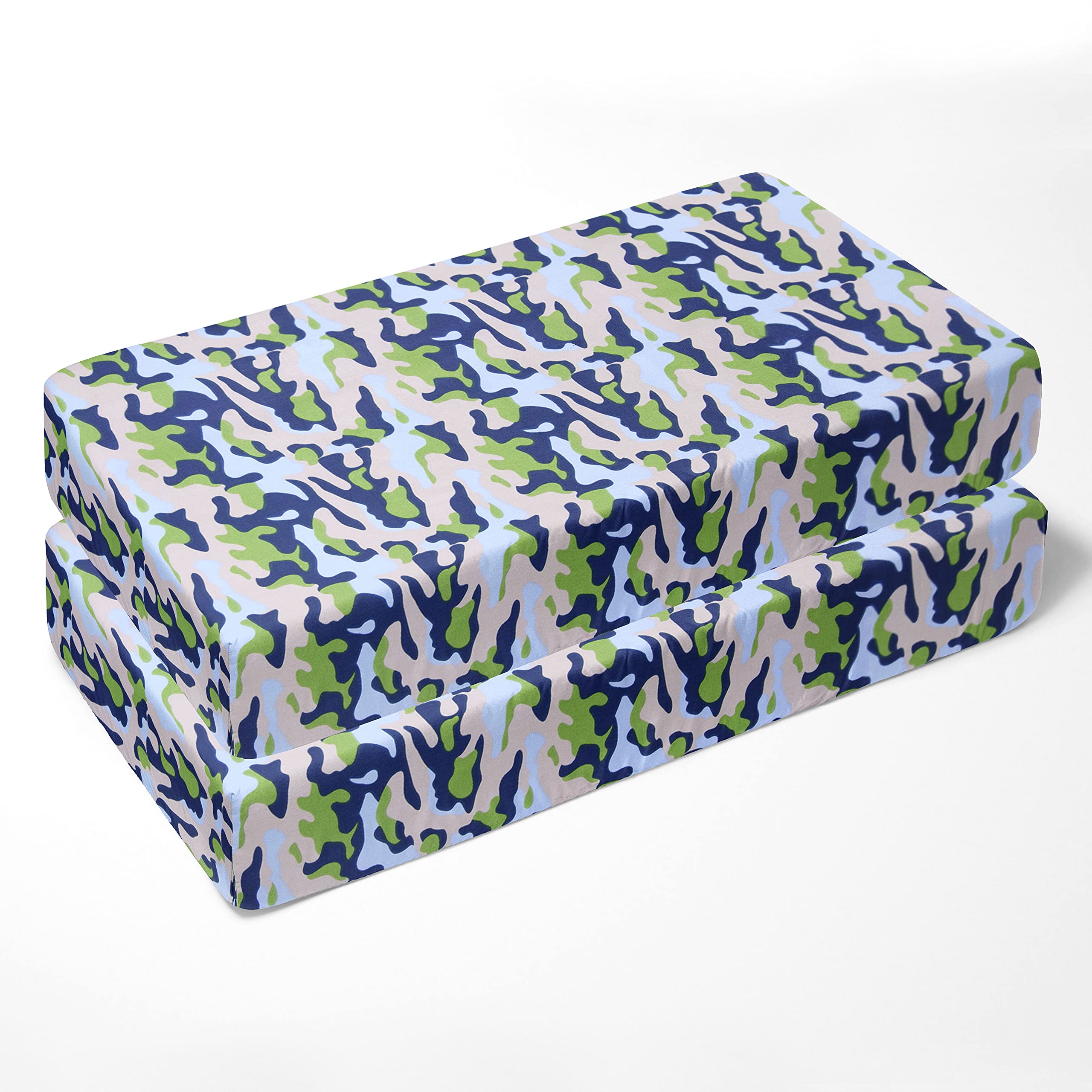 Bacati - 2 Pack Crib Fitted Sheets - CAMO Blue Navy Green Beige Soft Breathable 100% Cotton Percale Baby Sheets - Fits Standard 28 x 52 X 5 inches Crib & Toddler Mattresses