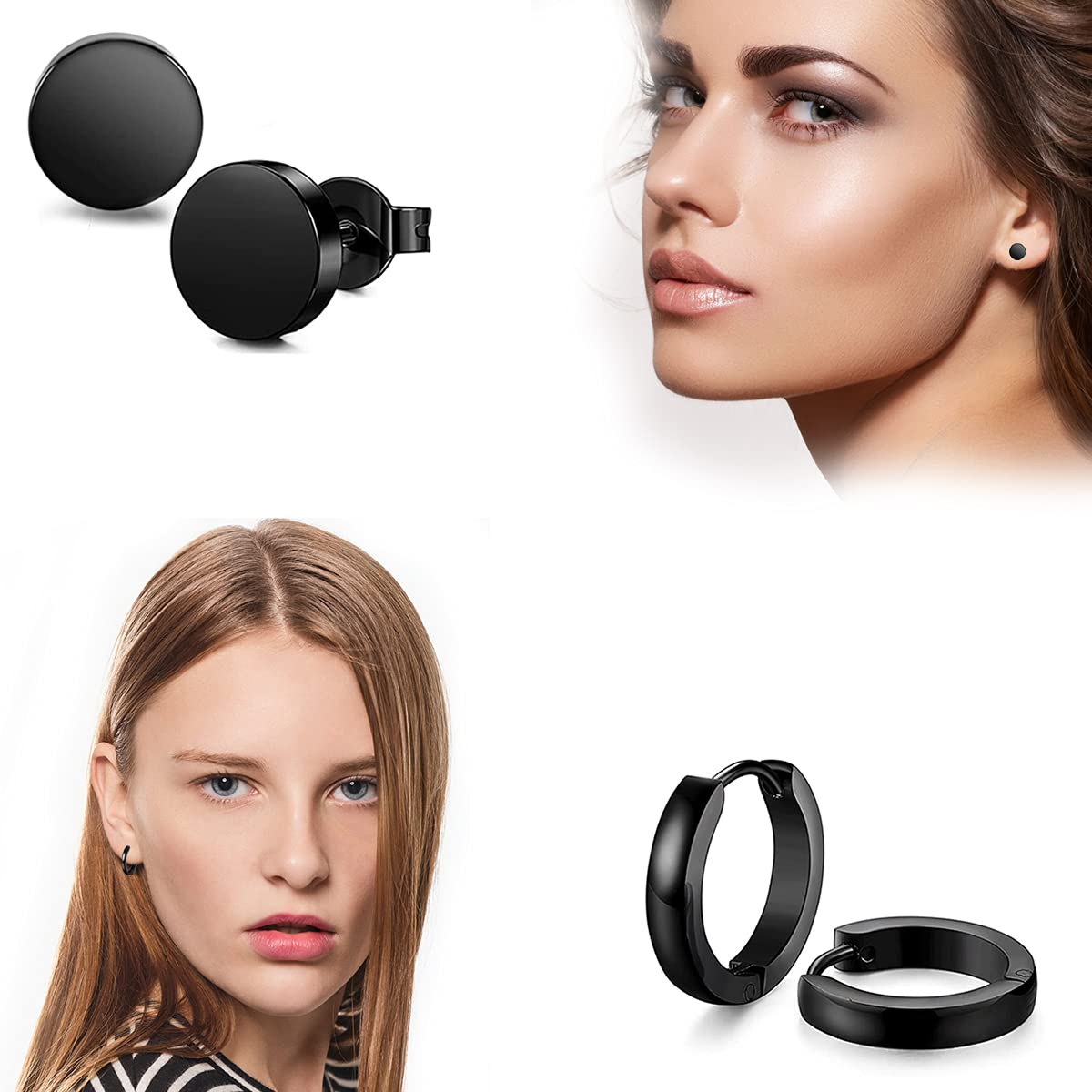 16 Pairs Black Earrings for Men Black Stud Earrings men's earrings Set Huggie Hoop Surgical Stud Earrings for Women