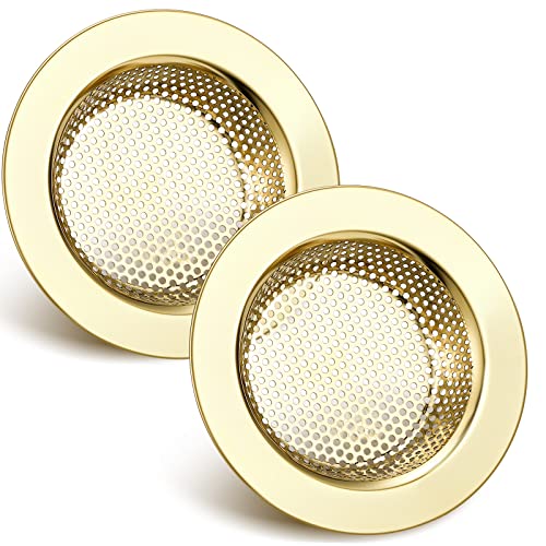 2 Pcs Sink Strainer Stainless Steel Sink Drain Basket Cover Mesh Metal Food Catcher Kitchen Sink Accessories for Hair Garbage, Large Wide Rim of 4.4 Diameter (Gold,2mm Dia Hole Style)