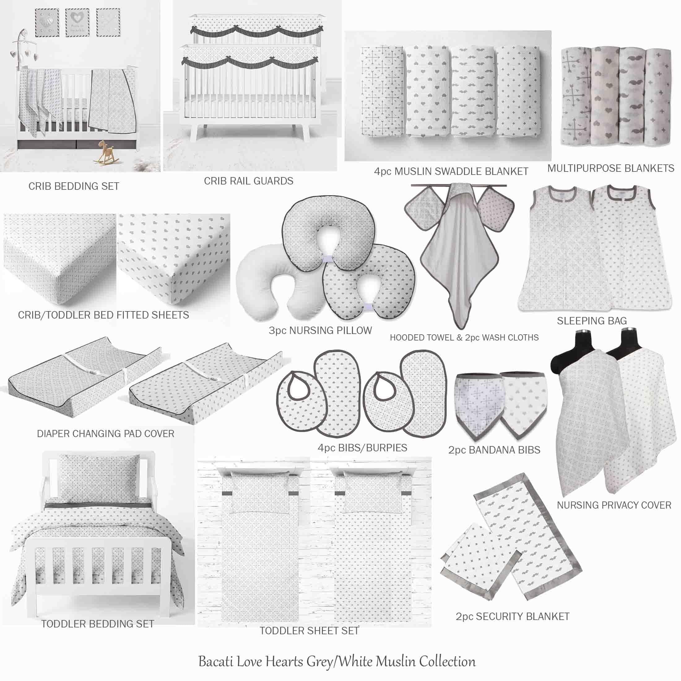Bacati - 2 Pack Love/Aztec/Arrows/Hearts Silky Soft Breathable 100% Cotton Muslin Baby Crib Fitted Sheets - Fits Standard 28 x 52 x 5 Crib & Toddler Mattresses (Hearts, Grey)