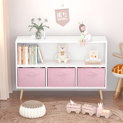 AOPNOMU Kids Bookcase and Bookshelf, Multi Shelf Cubby with 3 Collapsible Fabric Drawers, Children's Book and Toy Display Rack, Toy Storage Organizer for Bedroom, Playroom, Hallway, White + Pink