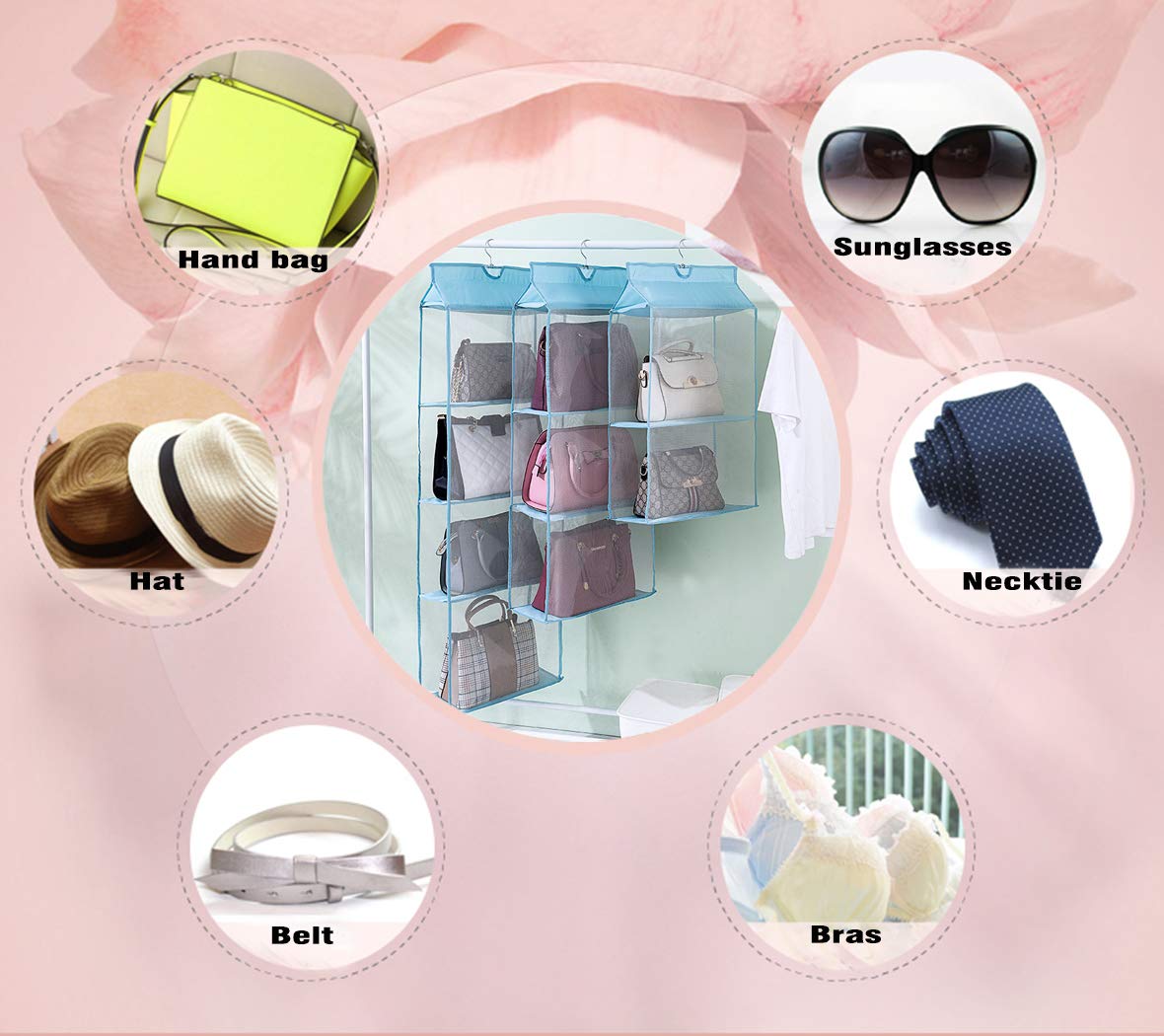 AARAINBOW Hanging Clear Handbag Purse Organizer for Closet, Handbag Organizer with Hook 4 Easy Access Pockets Wardrobe Closet Space Saving Organizers System, 47.2 L x 15.7Wx 6.3D (Gray)