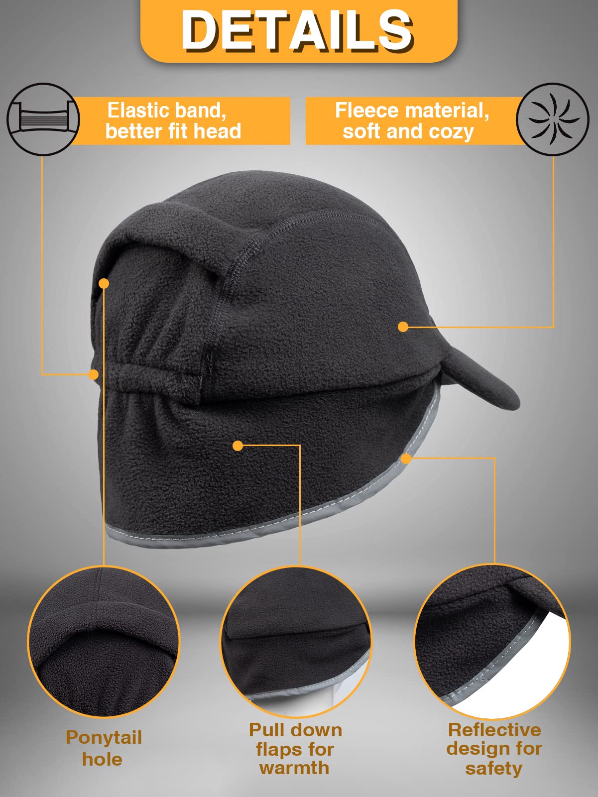 2 PCS Fleece Ponytail Hat, Reflective Women Winter Hats with Drop Down Ear Warmer, Soft Elastic Warm Caps for Outdoor Running Walking Yoga (Dark Grey + Black)