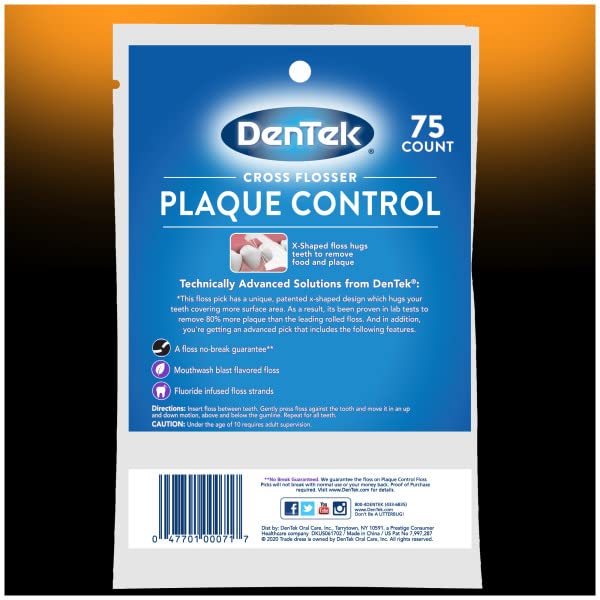 DenTek Cross Flosser Plaque Control Floss Picks, X-Shaped Floss, 75 Count, (Pack of 5)