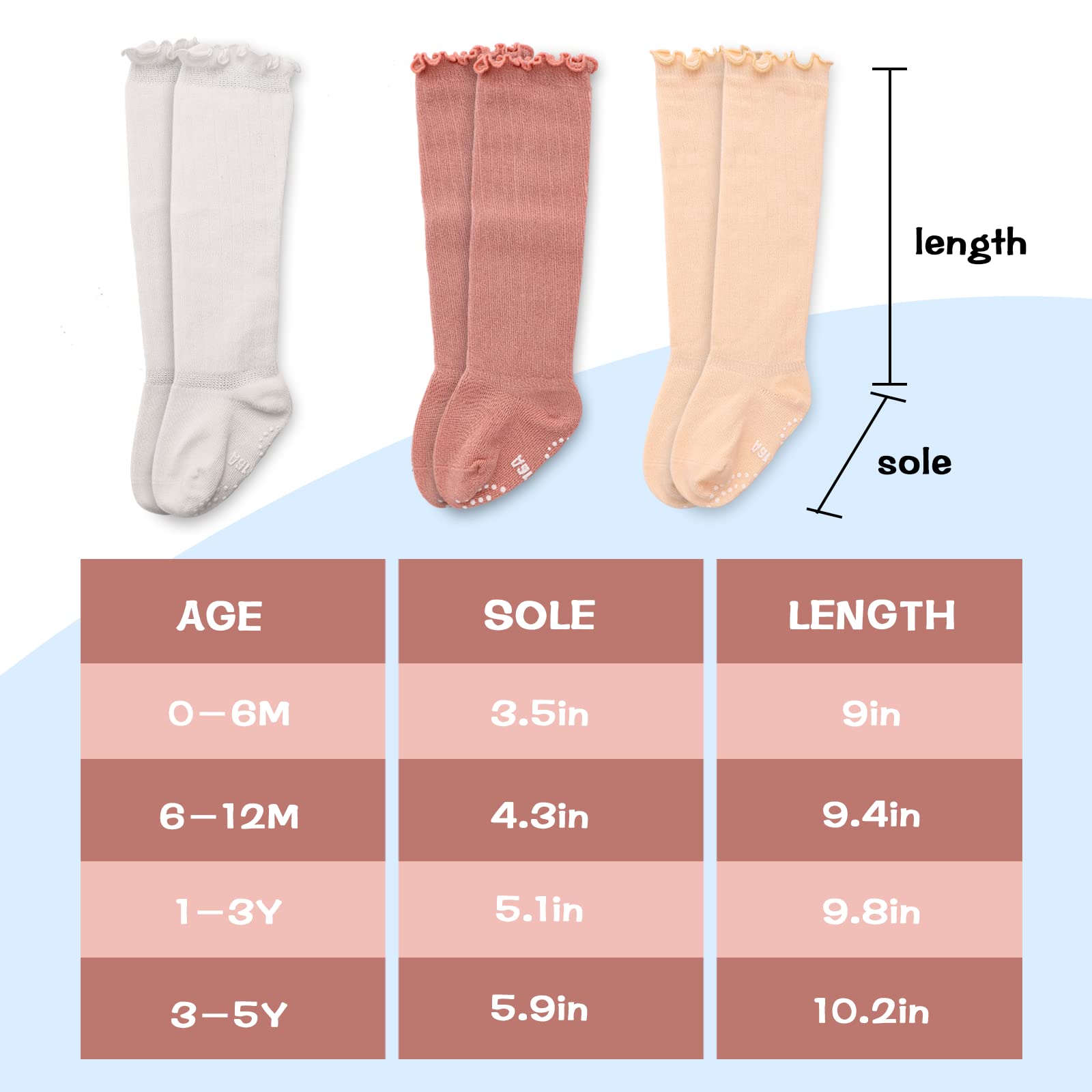 Aaronano Non-slip Knee High Socks Baby Girls Grippy Sock Frilly Ruffle 5 Pairs(2 white + 2 pink + 1 nude,0-6 Months)
