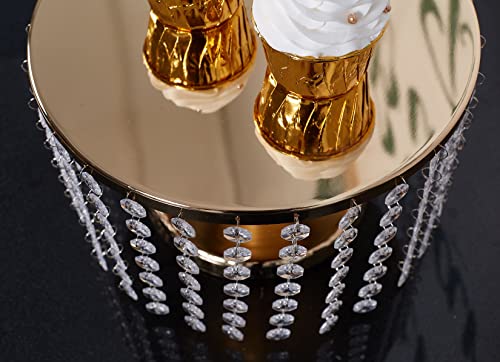 8 Inch Tall Wedding Gold Cake Stand - 12" Dia Round Base Cake Serving Stand with Crystal Chandelier, Dessert Cupcake Pastry Candy Display Plate for Weddings, Birthdays and Special Occasions