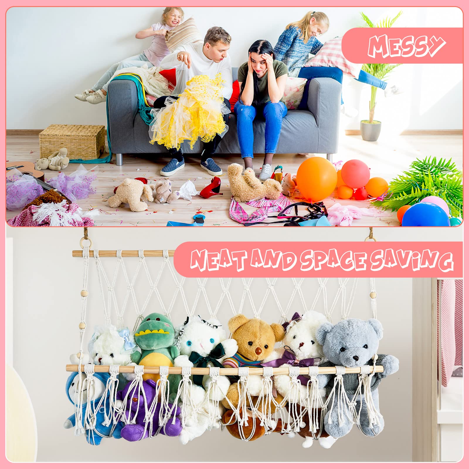 2 Pcs Stuffed Animal Hammock with LED Light, No Battery, Macrame Stuffed Animal Toy Hammock for Neatly Store Hanging Plush Animals Toys Animals Net Storage Organizer for Nursery Play Room Bedroom