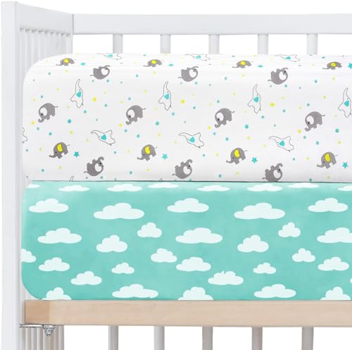 Crib Sheets Neutral, 2 Pack Fitted Crib Sheets Set, Printed Crib Sheets for Boys and Girls, Soft and Breathable Silky Microfiber Baby Sheet Fits Standard Crib and Toddler Mattress, Elephant & Clouds