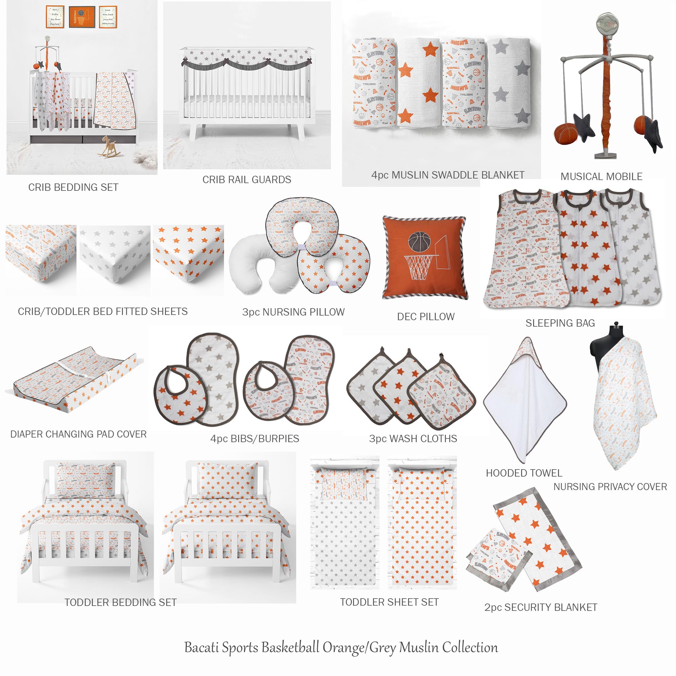 Bacati - Muslin 4 Piece Boys Toddler Bedding Set 100 Percent Cotton Includes Reversible Comforter, Fitted Sheet, Flat Sheet, and Pillow Case (Basketball Orange/Grey)