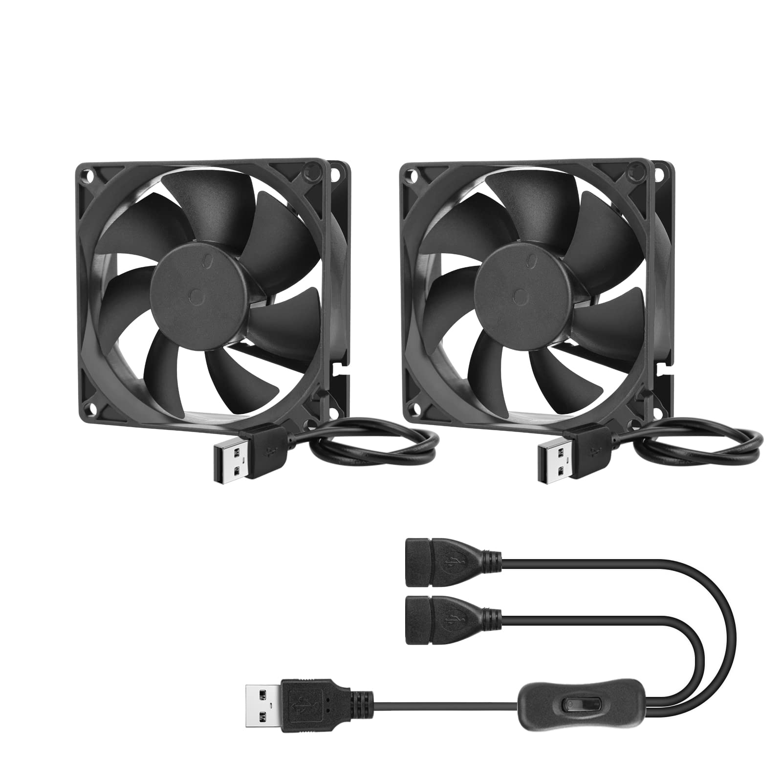 2-Pack 80mm USB Computer Fan with 1 Male to 2 Female USB Extension Cable with ON/Off Switch for Receiver DVR PlayStation Xbox Computer Cabinet Cooling