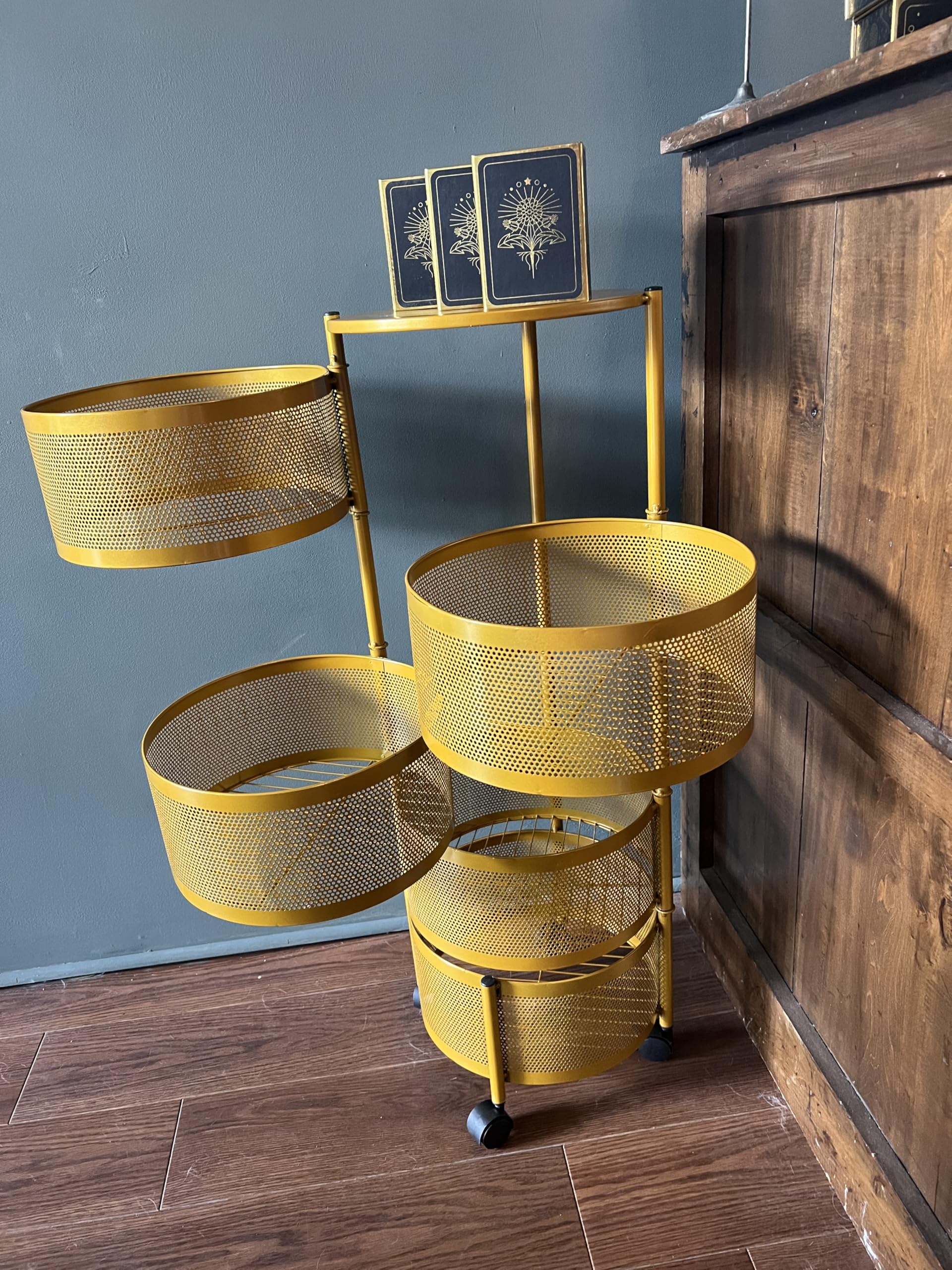 H&H Supply 5 Tier Rotating Storage Kitchen Cart Organizer Metal Vegetable Fruit Basket Rotating Shelves for Kitchen Dorm Office Bathroom Matte Yellow Gold Lightweight