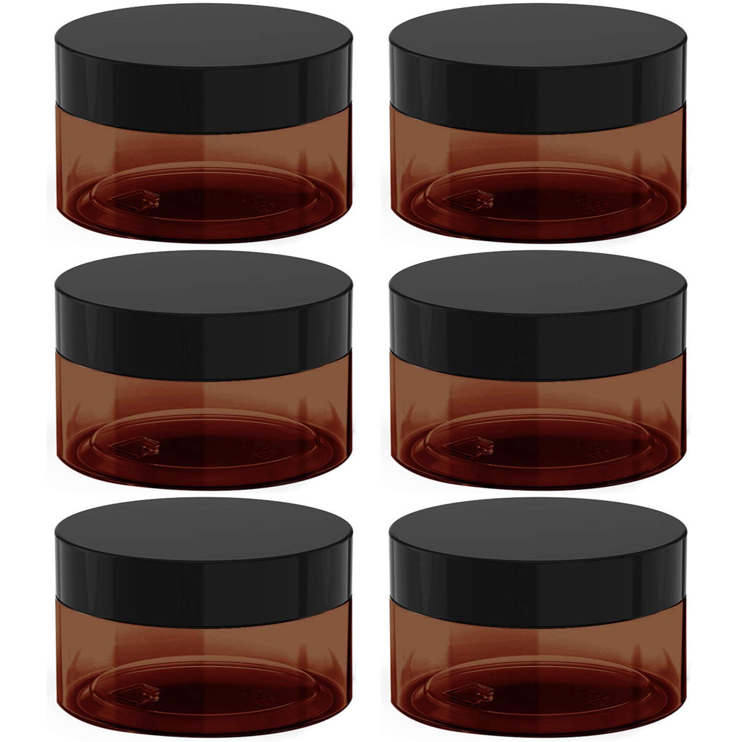 8 oz Amber Plastic Cosmetic Jars Leak Proof Container with Black Lid for Cream, Lotion, Powder, ointment, Beauty Products etc, 6 Pcs.