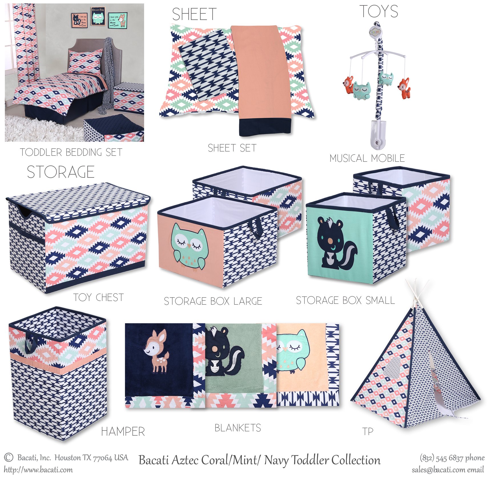 Bacati Aztec Emma Girls Fabric Memory/Memo Photo Bulletin Board, Coral/Mint/Navy